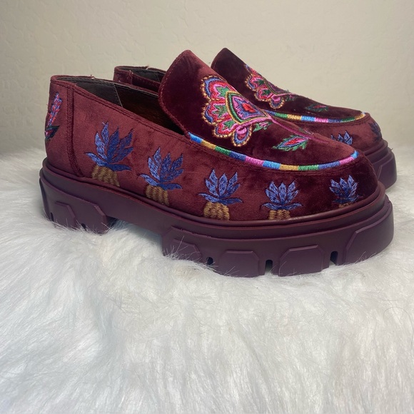 FARM Rio | Shoes | Farm Rio Burgundy Embroidered Garden Lug Sole Velvet ...